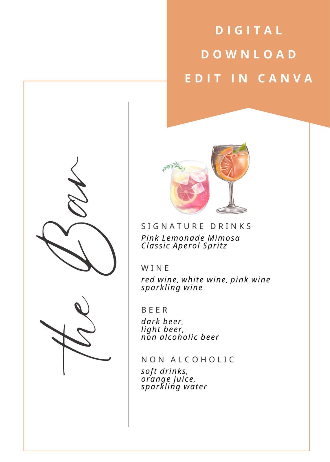 Editable in CANVA Bar Menu Template, Wedding Drinks Menu Sign Download ...