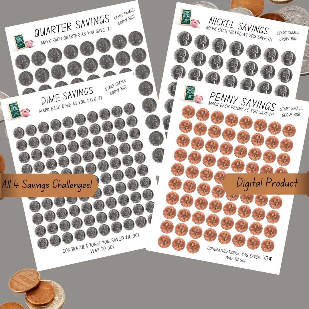 Set of 4 Coin Savings Challenges/quarter Savings Tracker/dime Savings ...