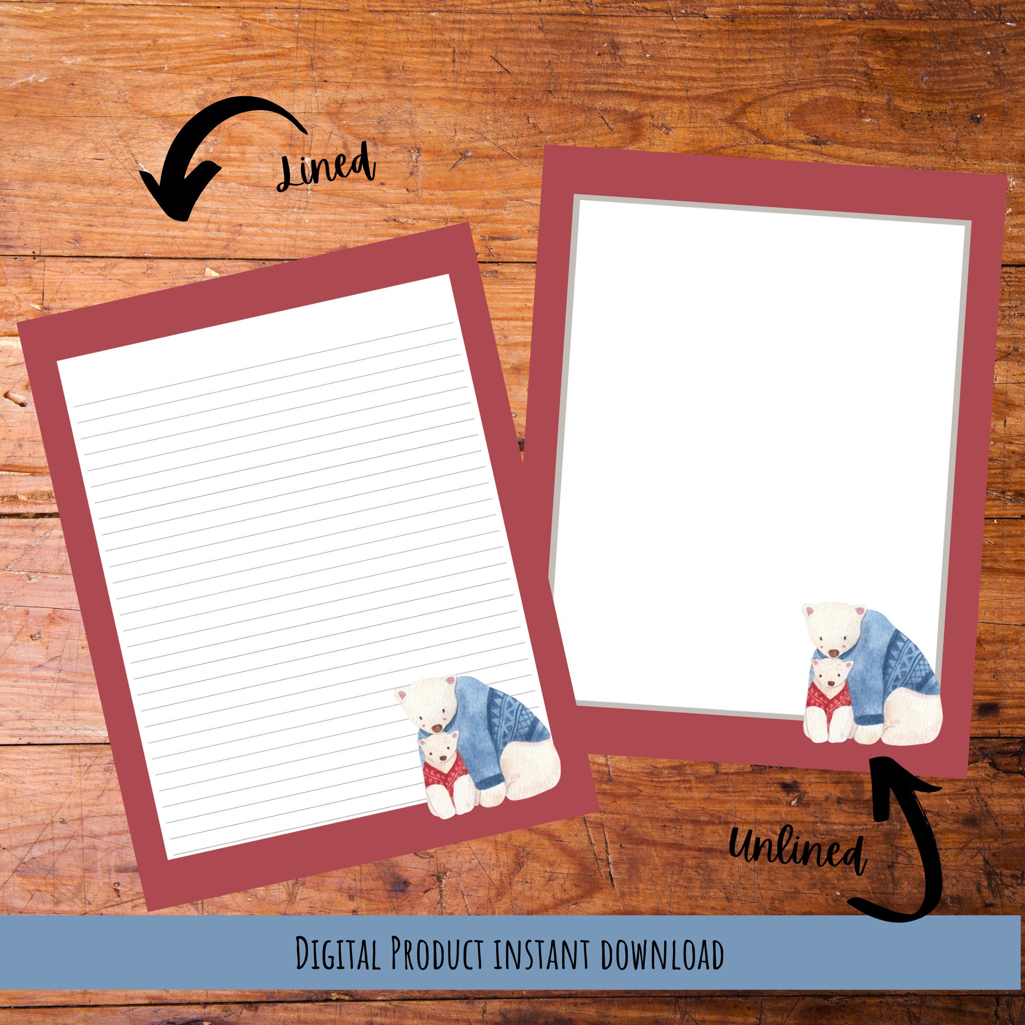 Polar Bear Stationery Set/lined and Unlined Paper/instant Download ...