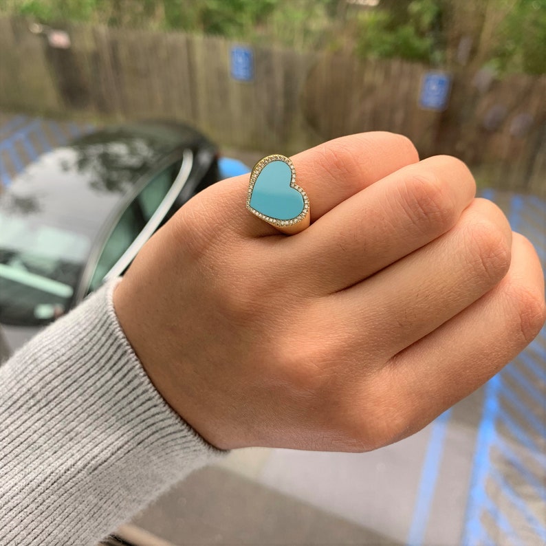 14k Gold Large Heart Ring / Natural Diamond Heart Signet Ring ...