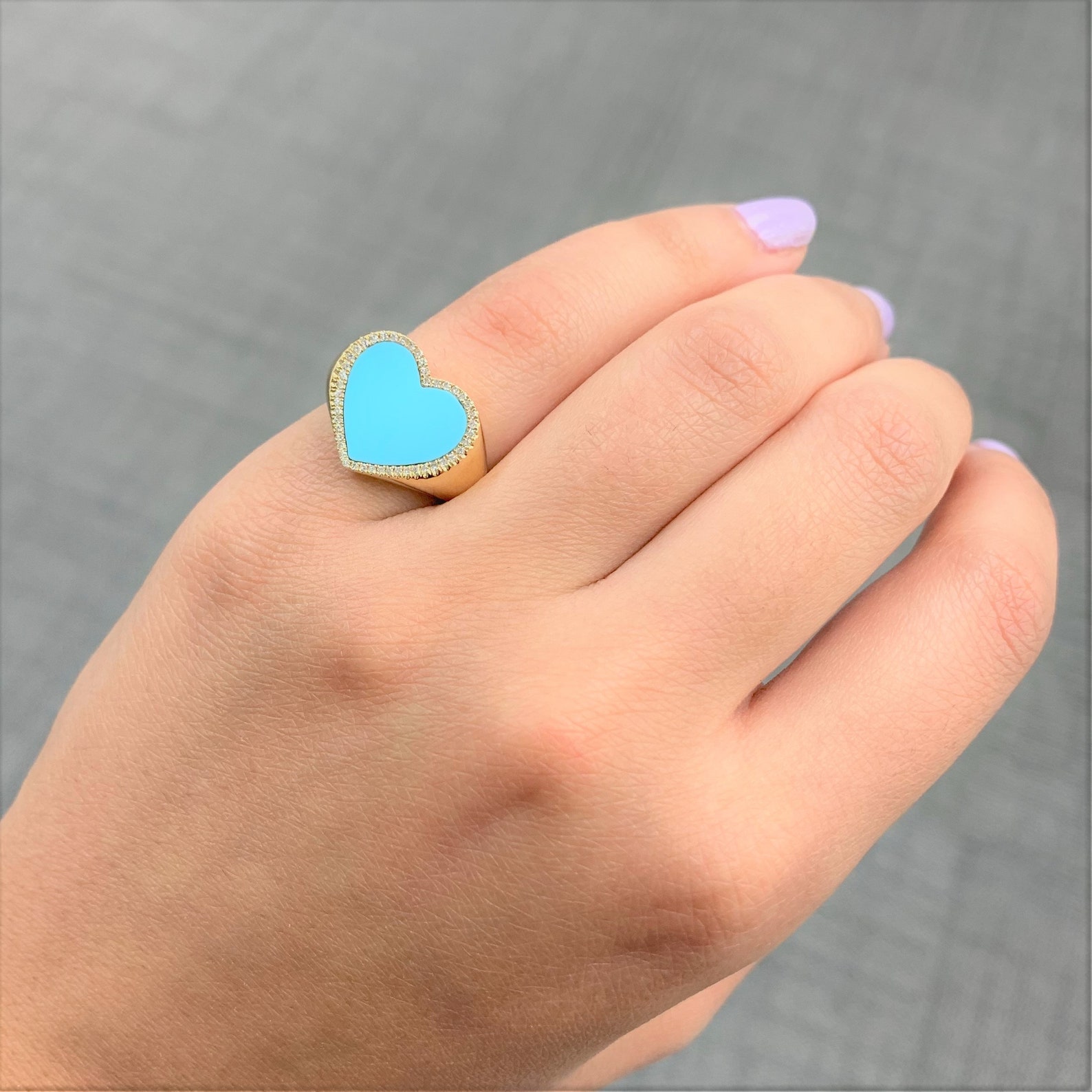 14k Gold Large Heart Ring / Natural Diamond Heart Signet Ring ...