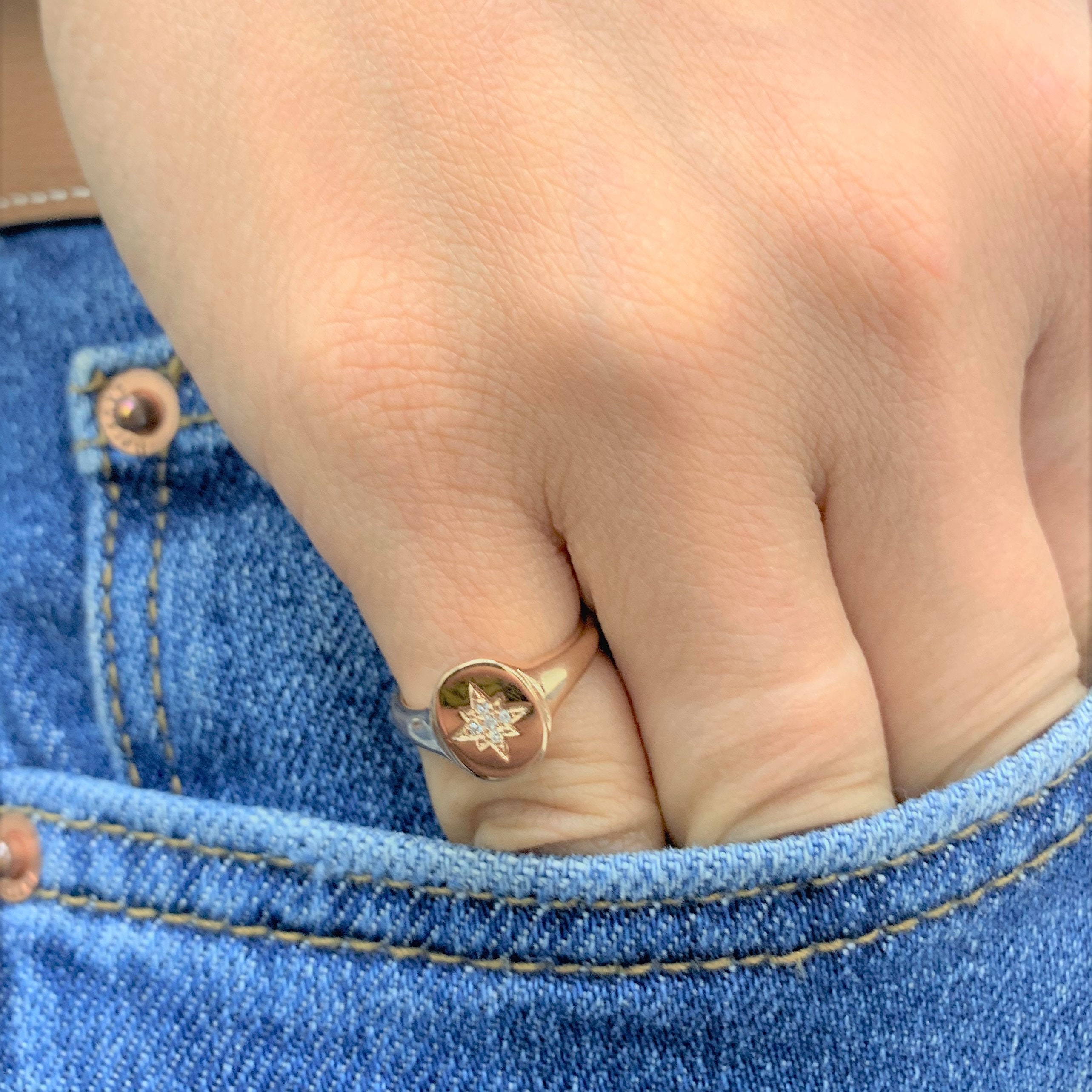 Star Diamond Signet Ring Pinky Ring 14K Gold Size 4 Natural Diamonds ...