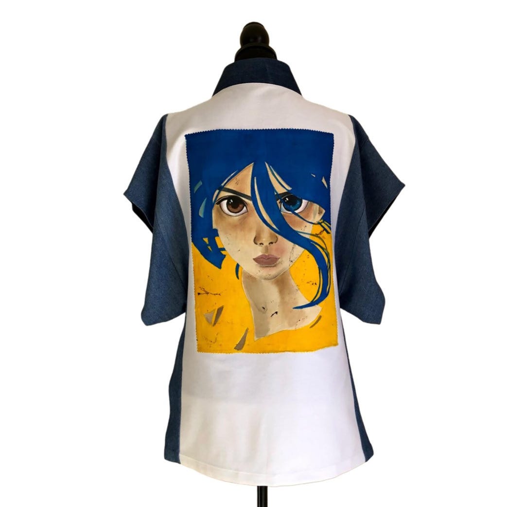 Hand Painted Denim Kimono Jacket: Yellow Blue Anime Girl Silk Batik Art ...