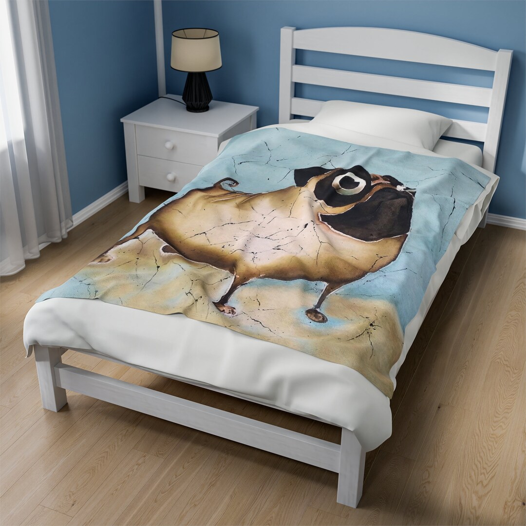 Cute Pug Blanket Dog Original Art Velveteen Plush Blanket, Couch Throw ...