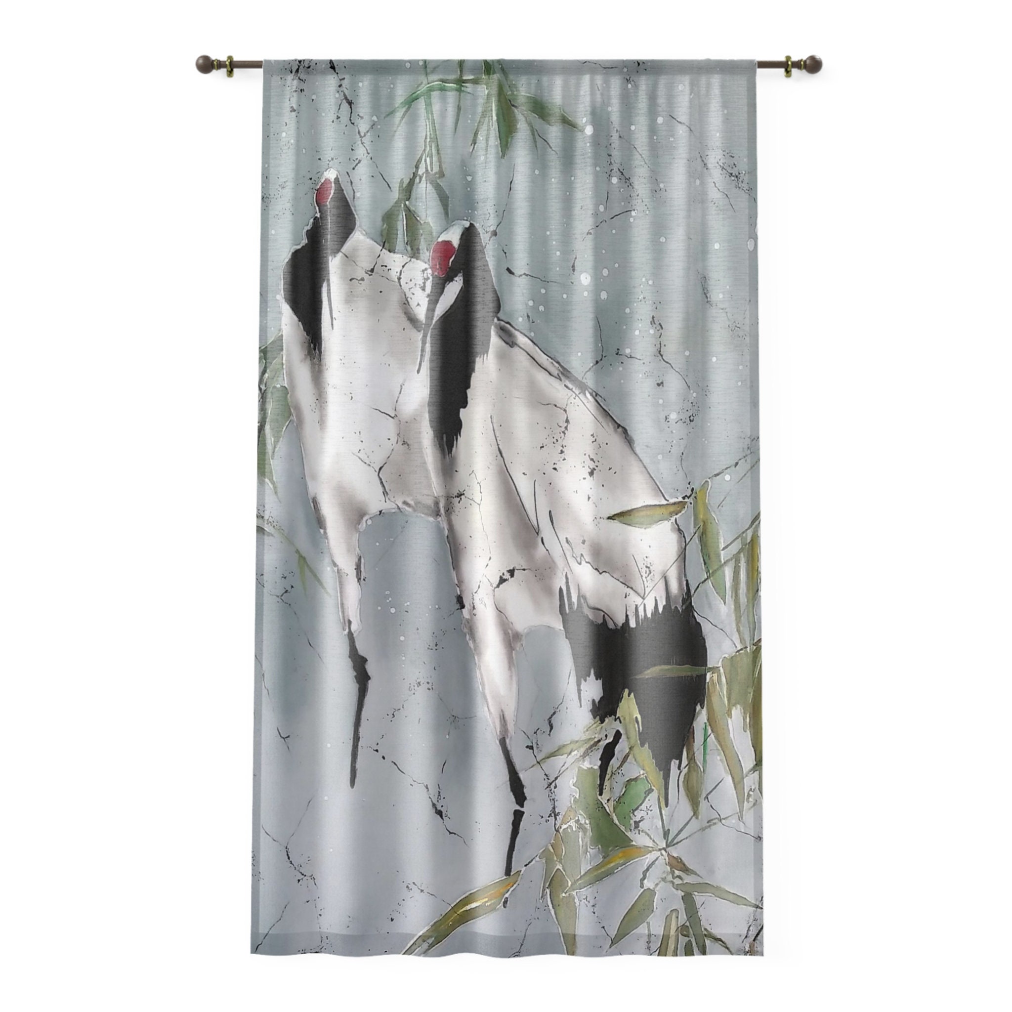 Window Curtain Japanese Cranes Original Art Batik Print Asian Aesthetic