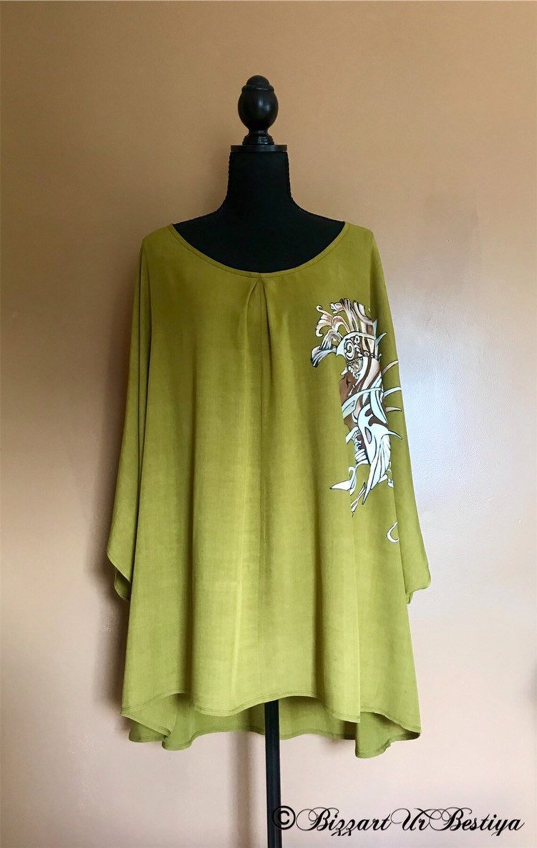 American Native Tunic Shirt, Khaki Green Art Boho Dress, Ethnic ...