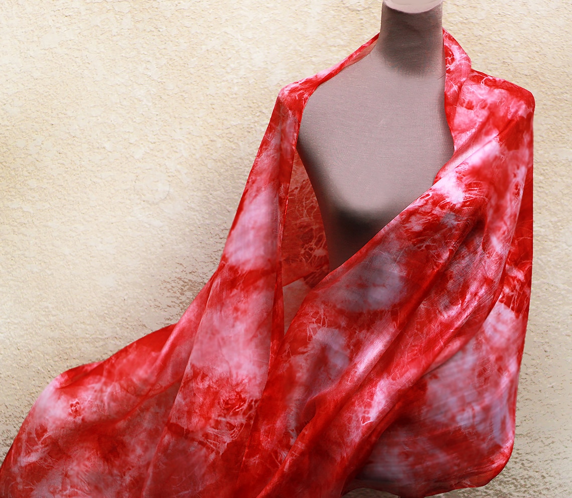Hand-dyed Red Silk Scarf Scarlet Shibori Summer Shawl Batik Style Women ...