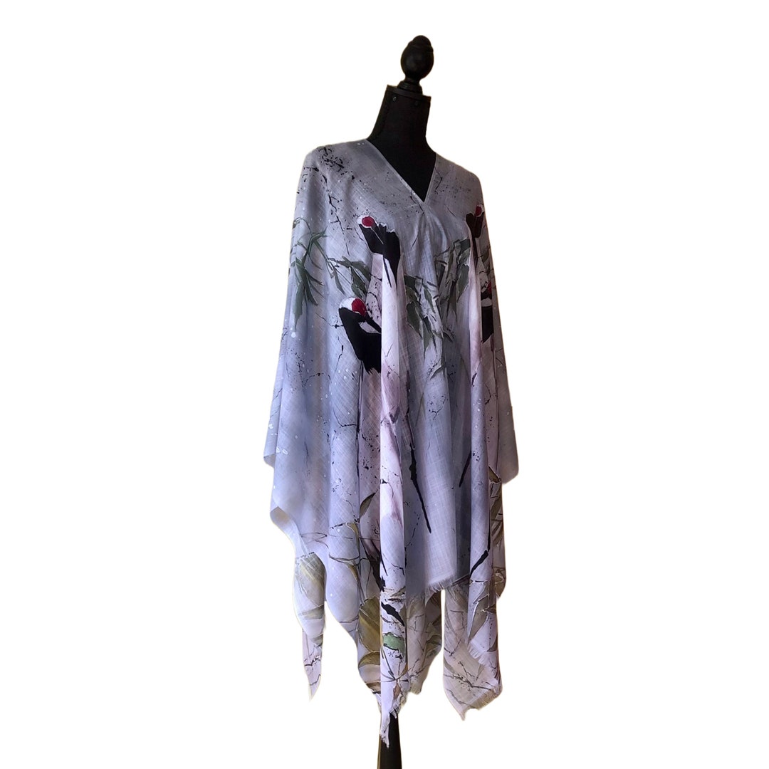 Gray Japanese Cranes Poncho Tunic, Japan Original Batik Art Shawl Drape ...