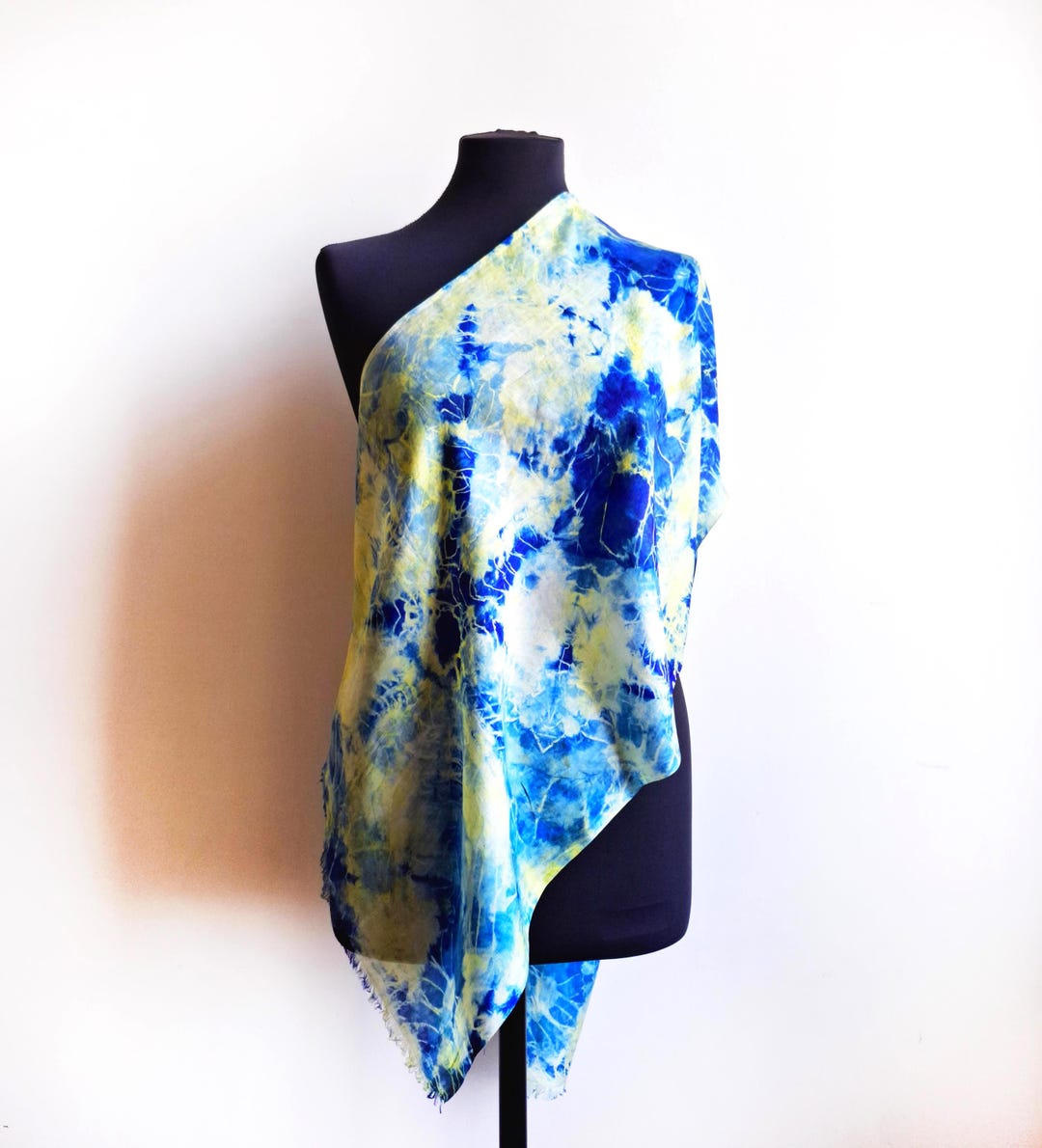 Hand Dyed Silk Scarf Blue Yellow, Shibori Silk Wrap, Lightweight Summer ...