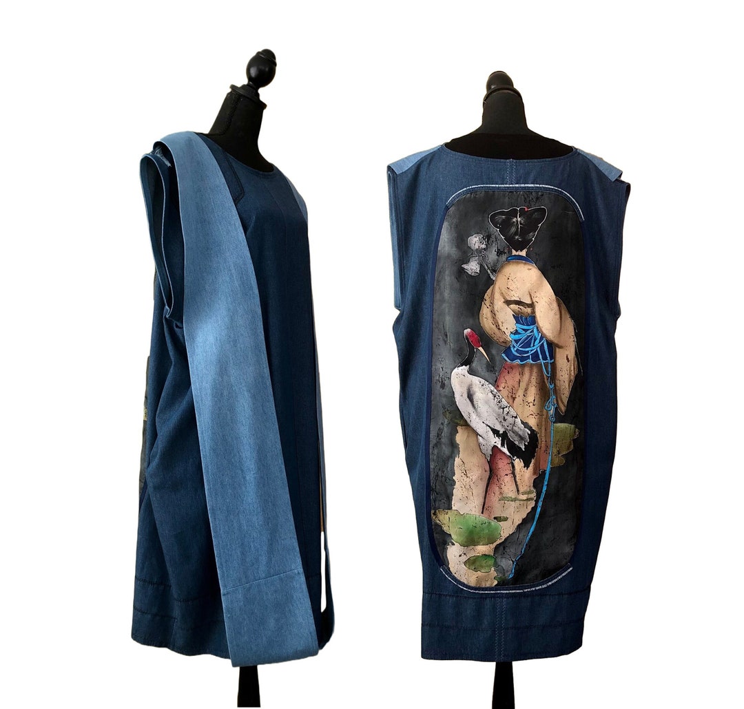 Geisha Denim Dress, Japanese Batik Art to Wear Unique Japan Hand ...