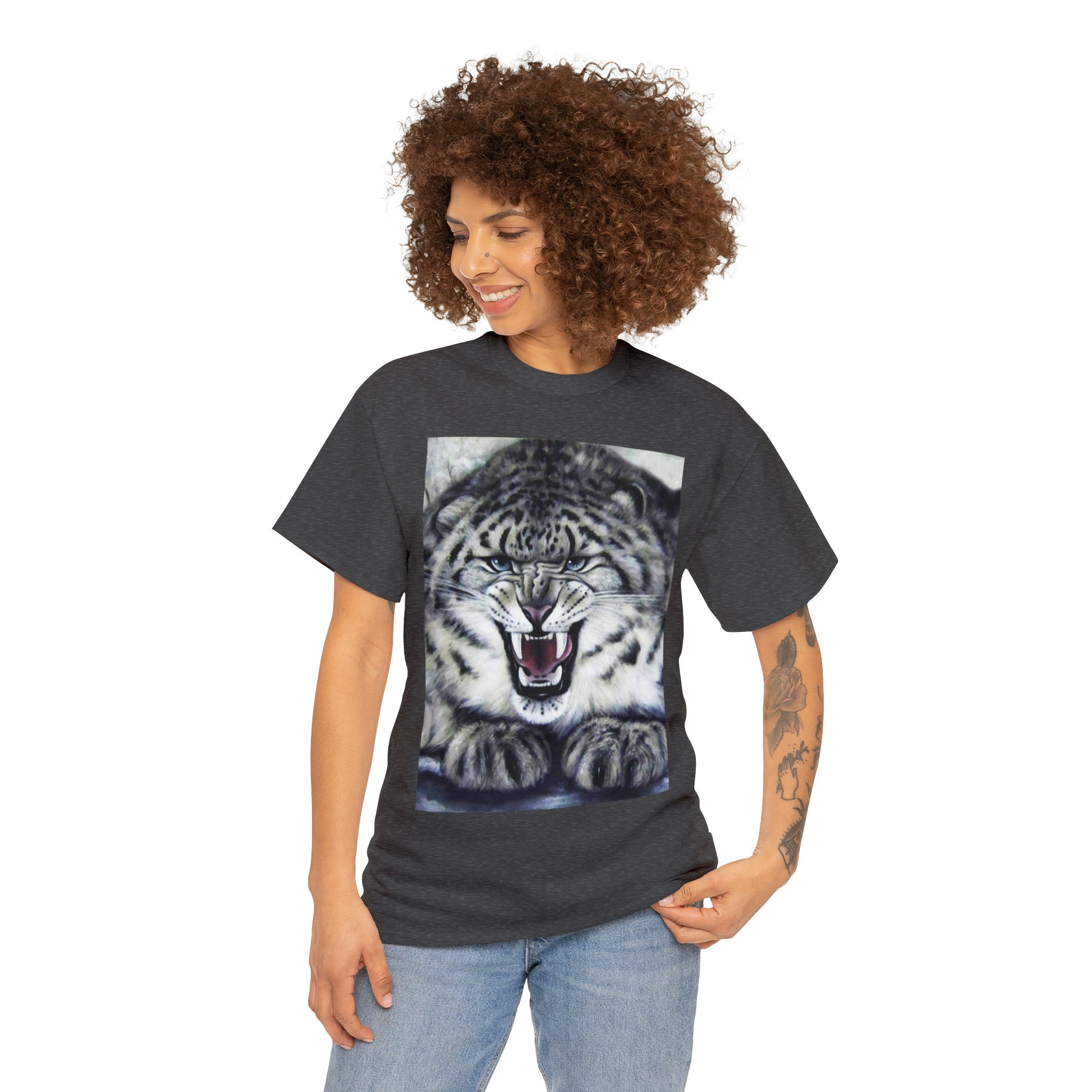 Snow Leopard T-shirt Animal Art Print Tee Gray Black Snow Leopard ...