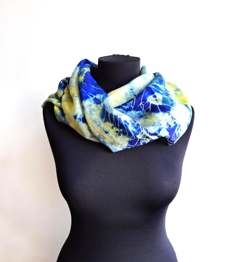 Hand Dyed Silk Scarf Blue Yellow, Shibori Silk Wrap, Lightweight Summer ...