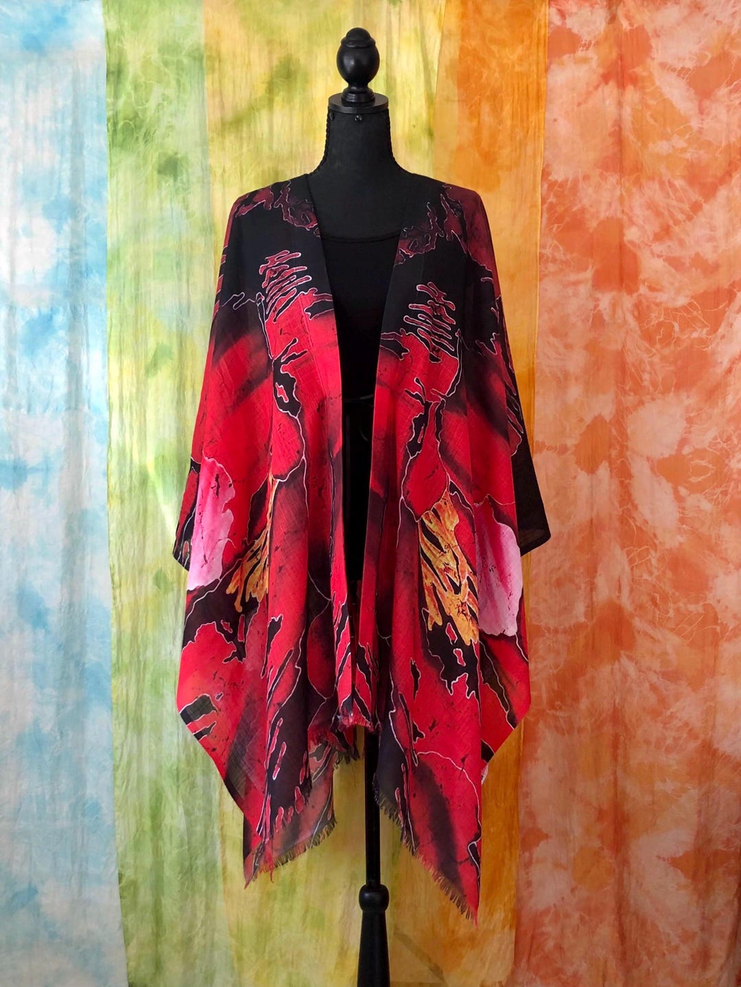 Red Poppy Kimono Cover up - Abstract Poppy Flower Original Batik ...