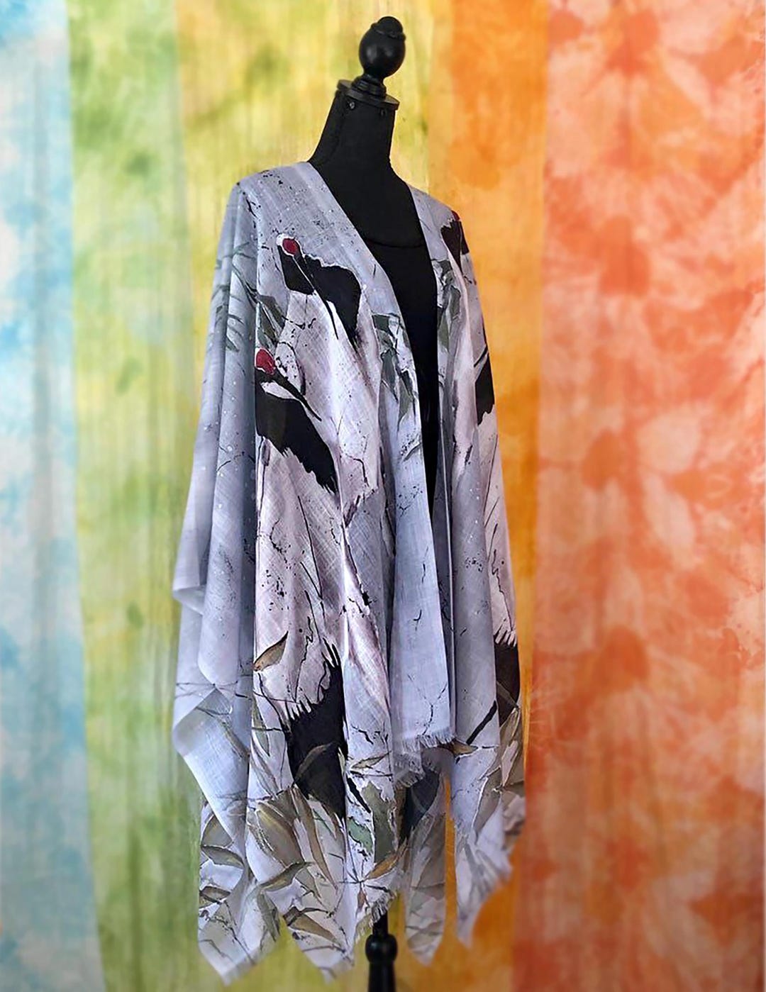Japanese Cranes Art Kimono Drape, Original Batik Painting Print Poncho ...