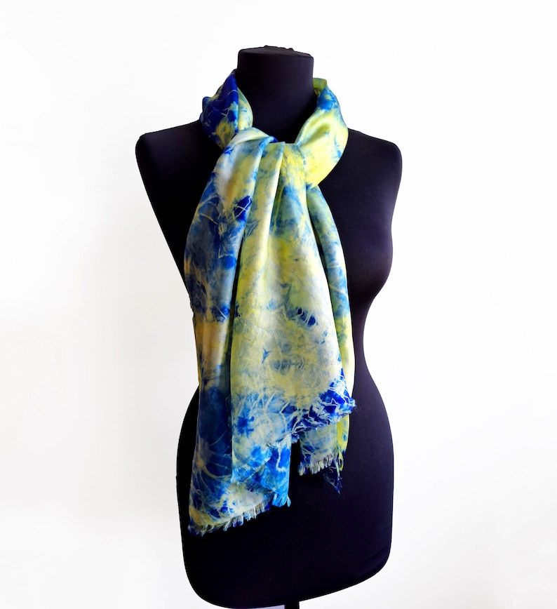 Hand Dyed Silk Scarf Blue Yellow, Shibori Silk Wrap, Lightweight Summer ...