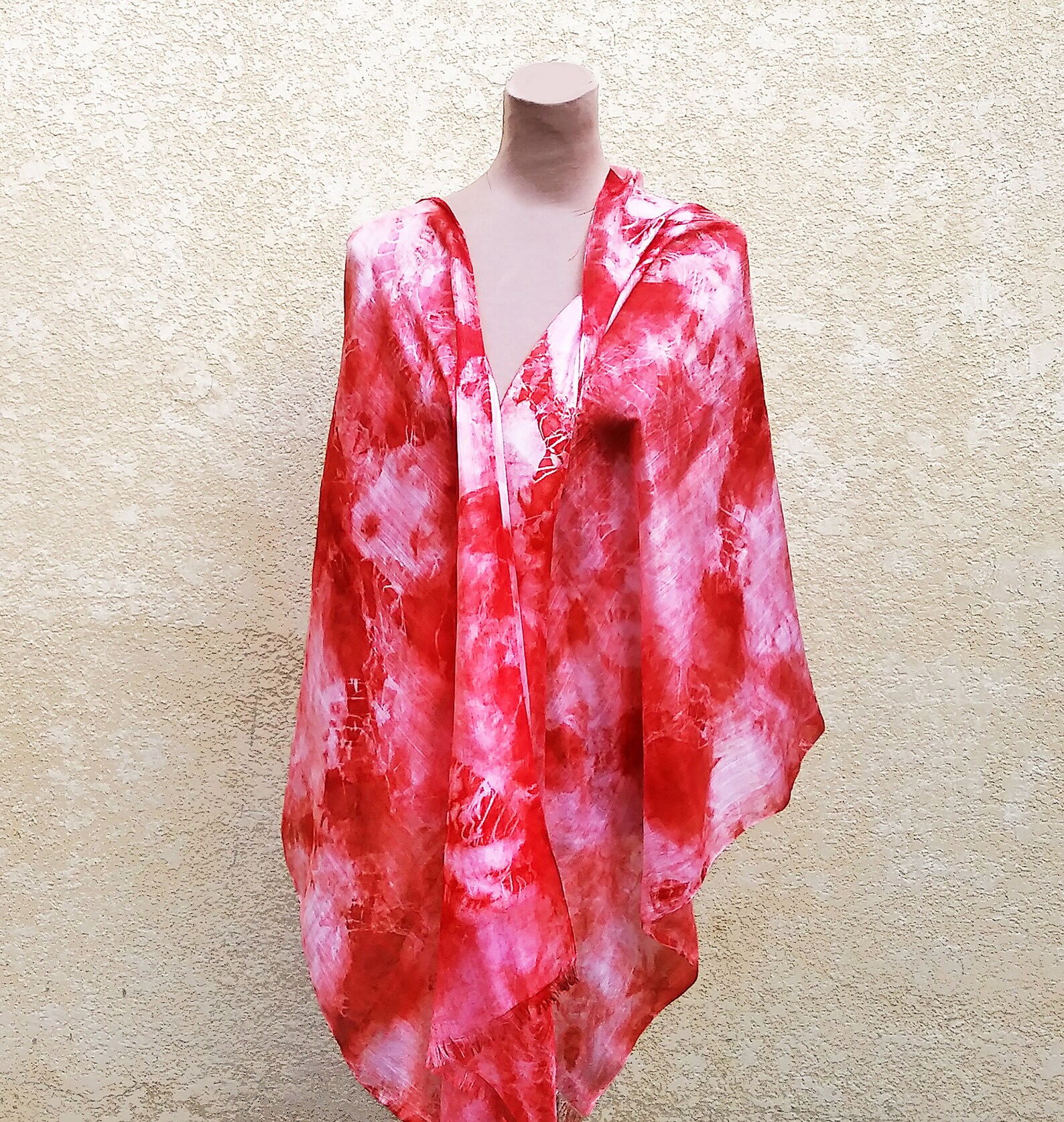 Hand-dyed Red Silk Scarf Scarlet Shibori Summer Shawl Batik Style Women ...
