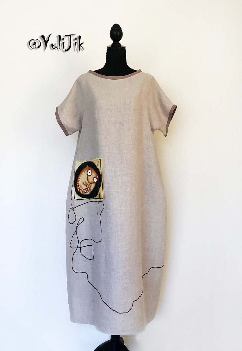 Cat Painted Linen Dress Boho Art Dress, Hand Painted Beige Linen Dress ...