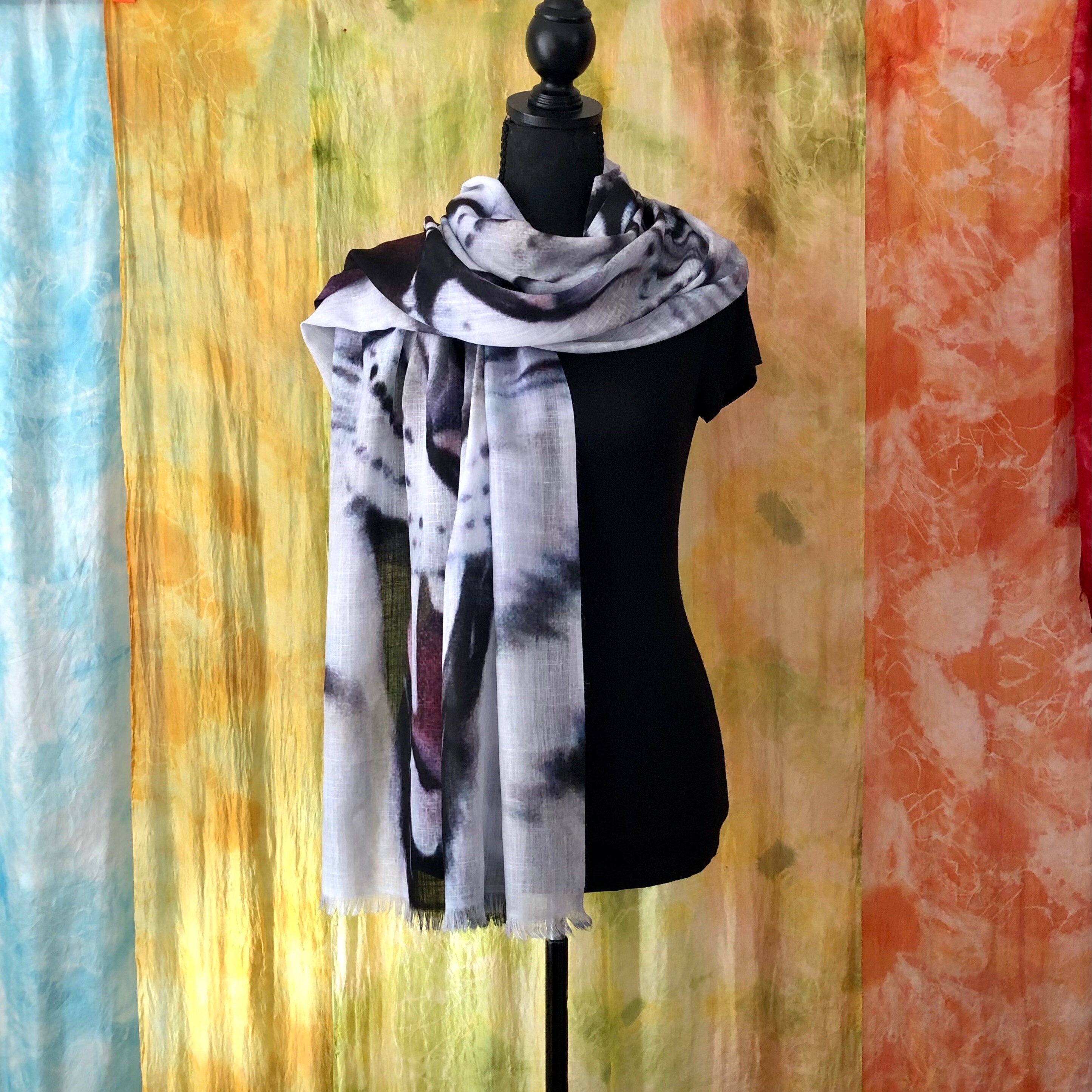 Snow Leopard Scarf Gray White Wrap Wearable Art Cover up Evening Shawl ...