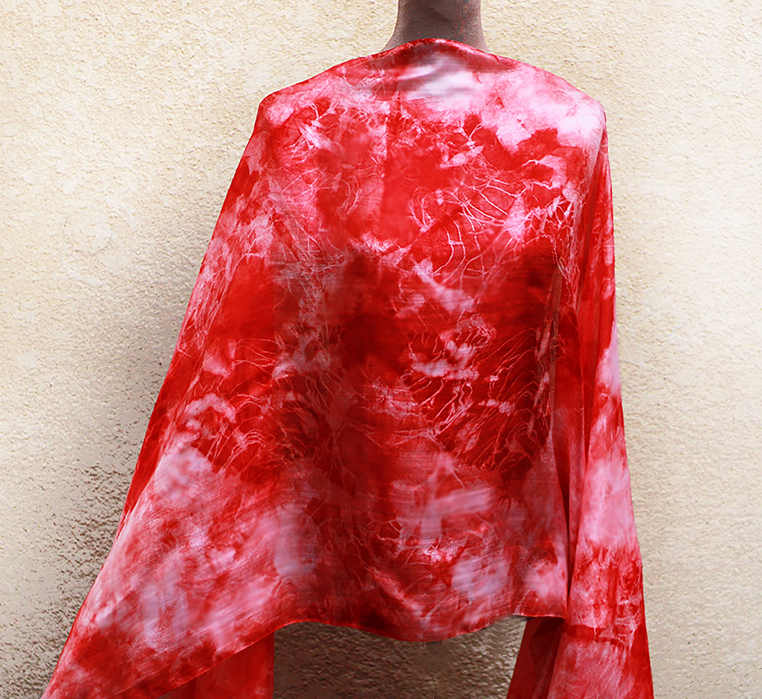 Hand-dyed Red Silk Scarf Scarlet Shibori Summer Shawl Batik Style Women ...