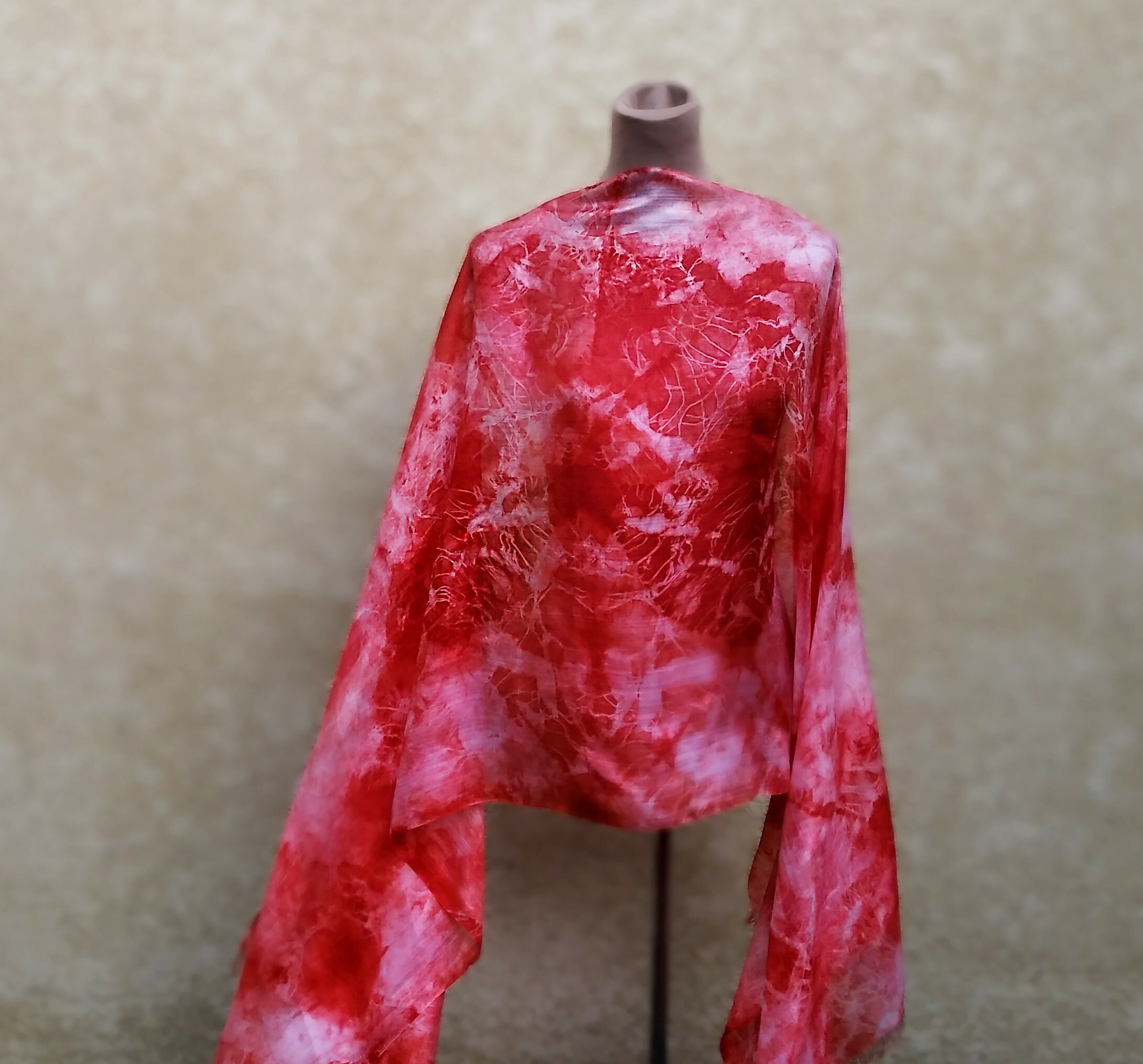 Hand-dyed Red Silk Scarf Scarlet Shibori Summer Shawl Batik Style Women ...