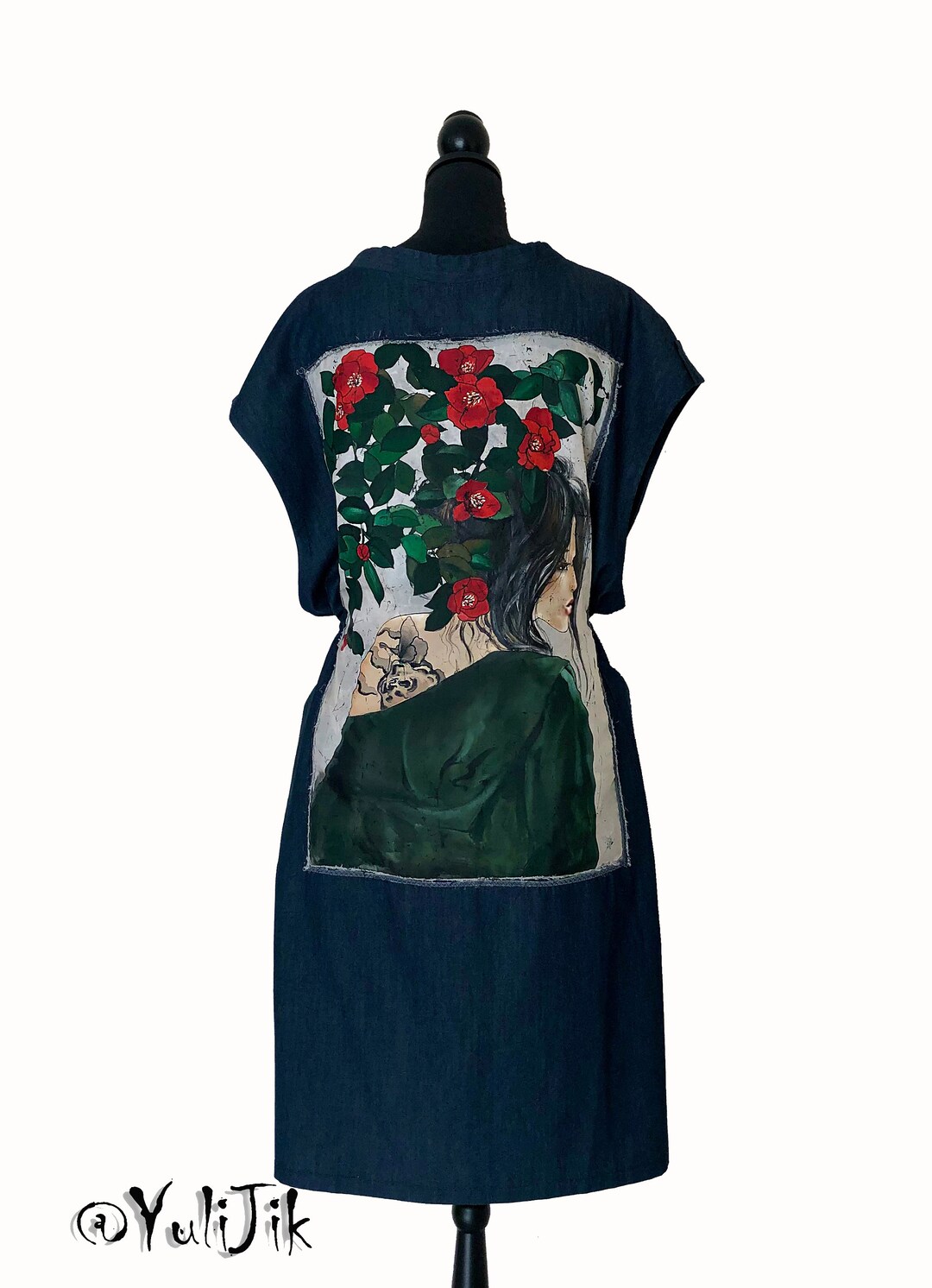 Denim Duster Vest, Woma With Flowers Hand Painted Art Jean Sleeveless ...