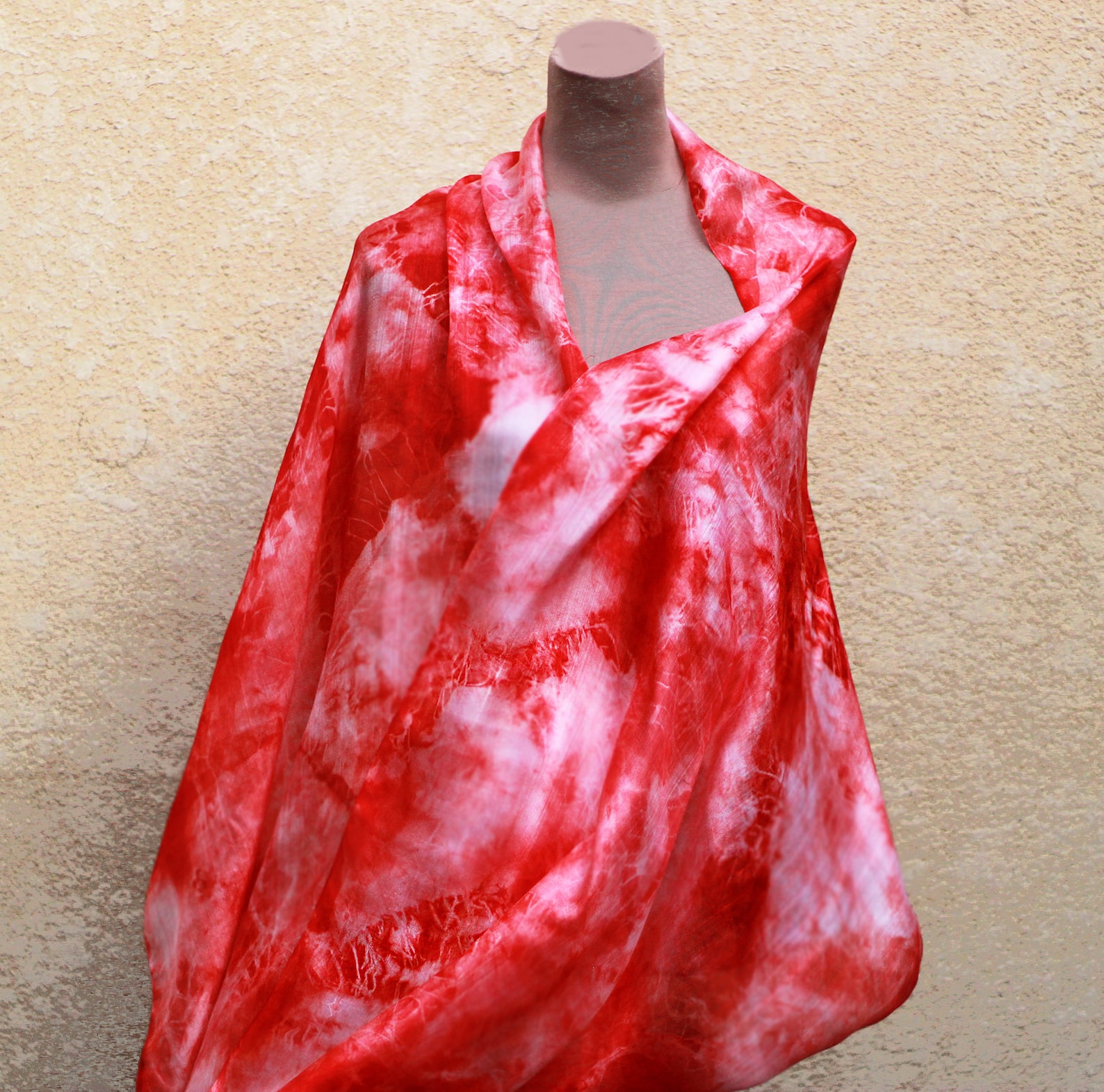 Hand-dyed Red Silk Scarf Scarlet Shibori Summer Shawl Batik Style Women ...