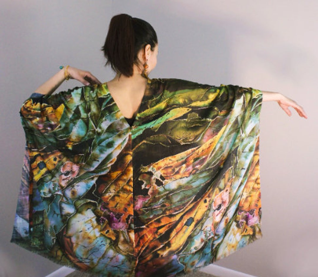Green Hosta Poncho Tunic Batik Art Print Cover up Tunic, Original ...