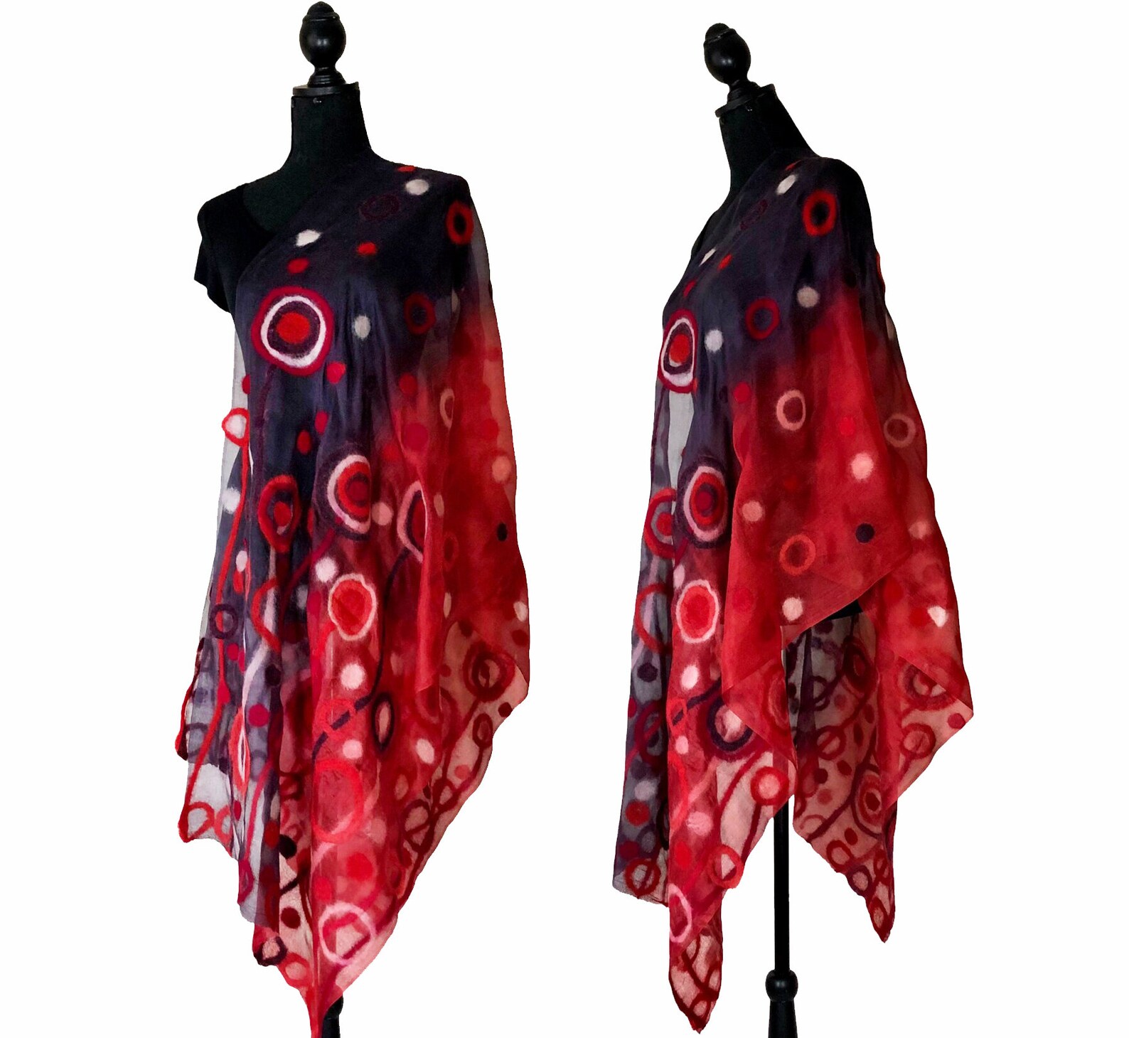 Red Felted Silk Scarf, Red Black Wool Silk Shawl, Evening Cover up Wrap ...