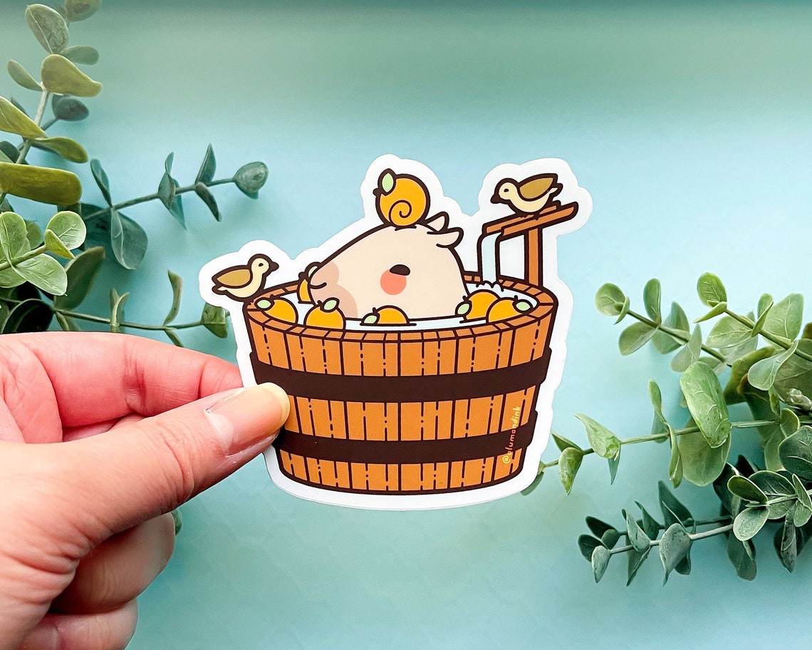 Curly the Capybara Lounging in a Wooden Bucket Clear Vinyl Sticker - Etsy