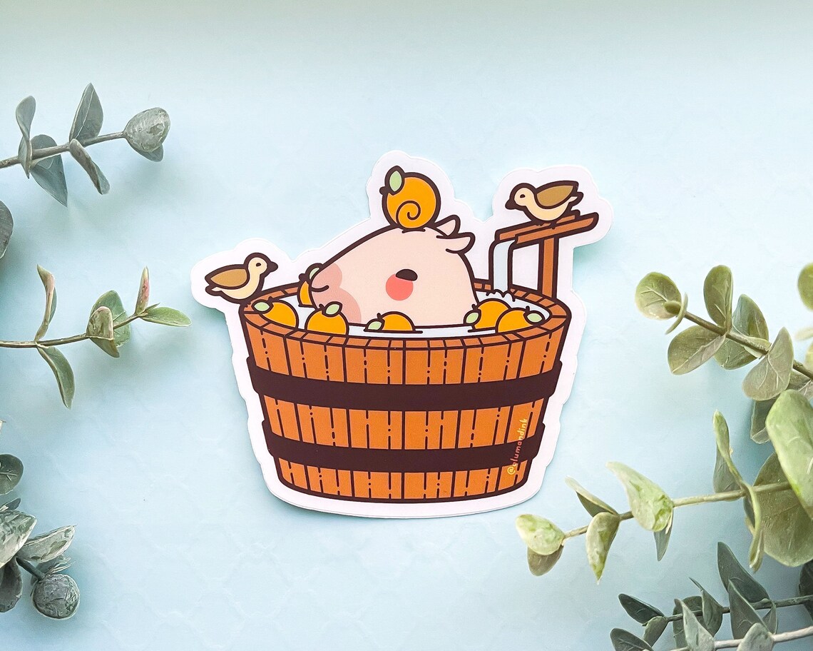 Curly the Capybara Lounging in a Wooden Bucket Clear Vinyl Sticker - Etsy