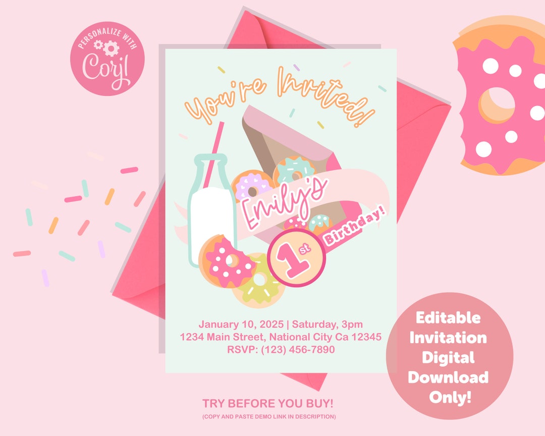 Donut Box and Milk Invitation | Edit Yourself | Corjl | Digital ...