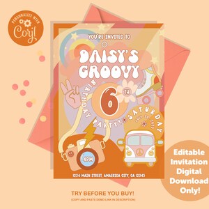 Hippie Groovy Birthday Party Theme| Digital Instant Download Invitation ...