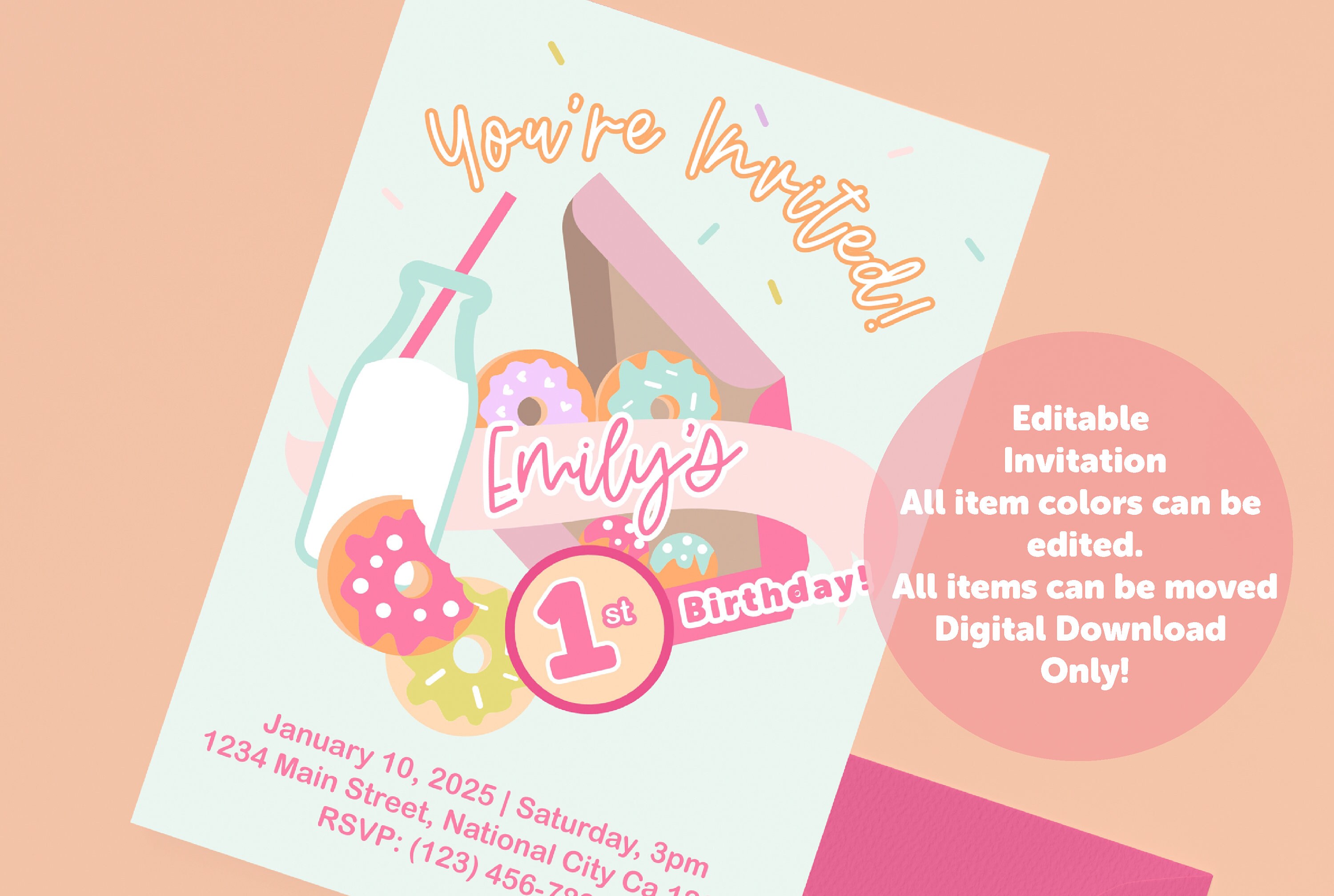 Donut Box and Milk Invitation Edit Yourself Corjl | Etsy