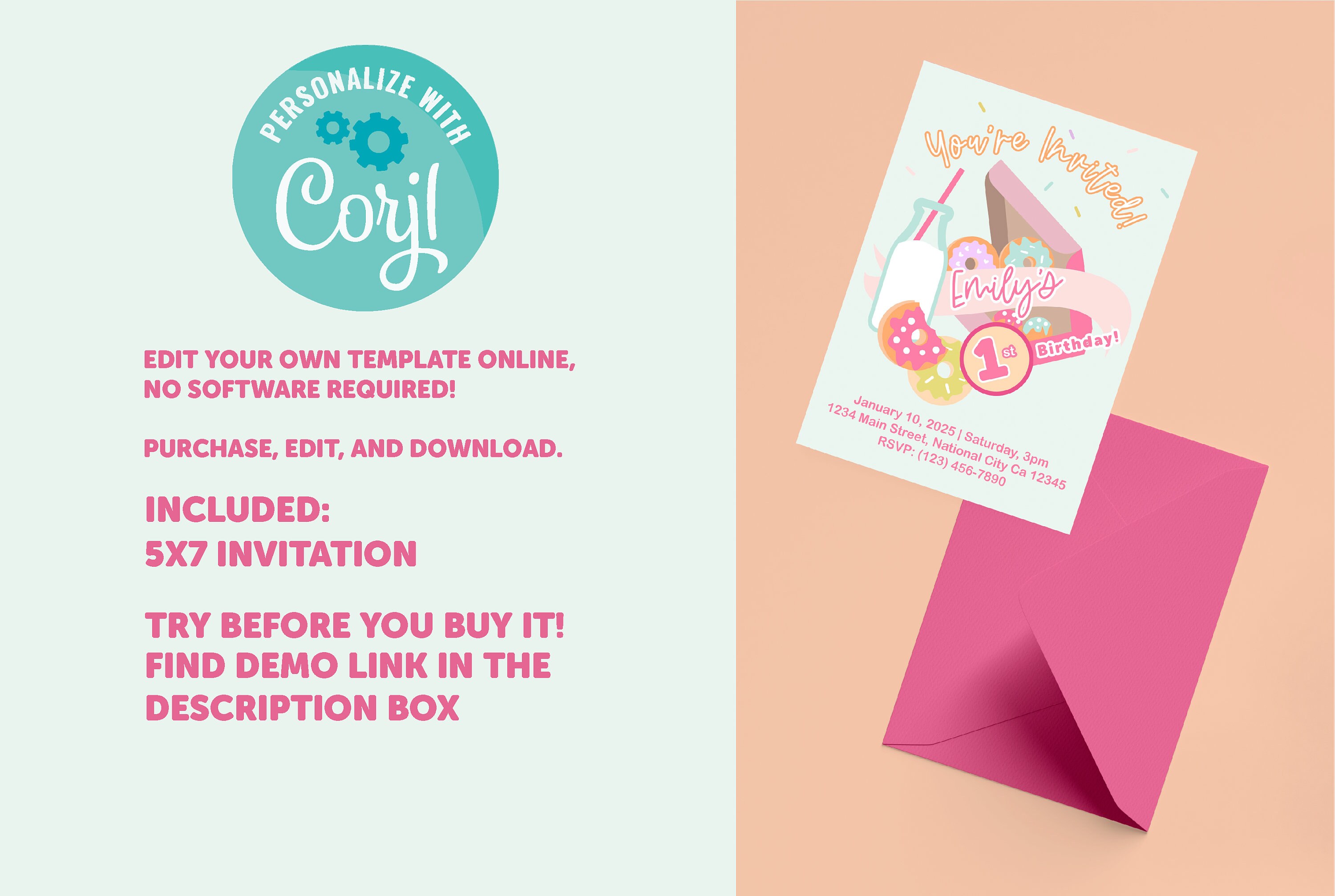 Donut Box and Milk Invitation Edit Yourself Corjl | Etsy