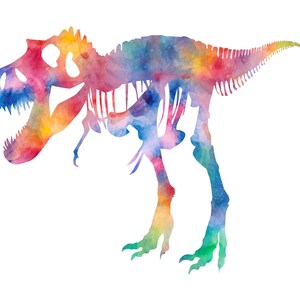 T-rex Dinosaur Skeleton Printable Wall Art Fossil Watercolor Painting ...