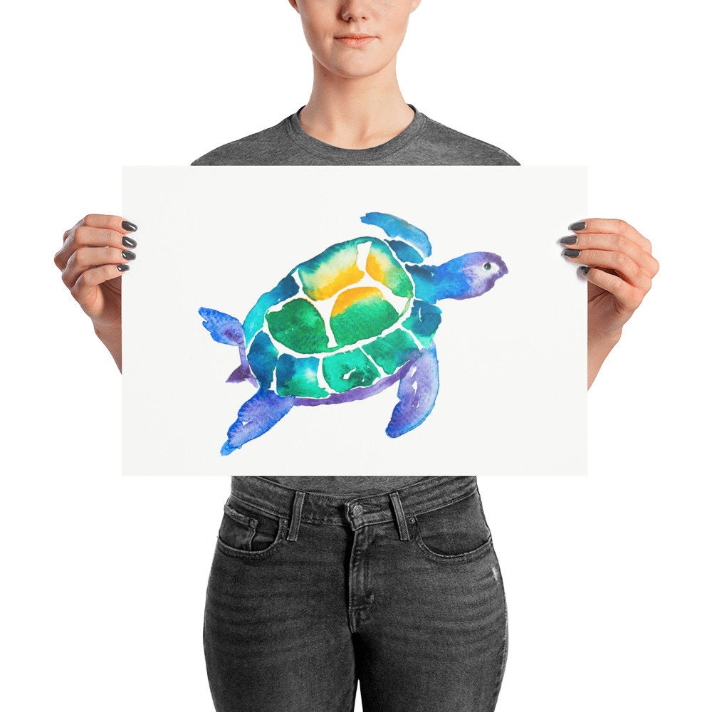 Watercolor Ocean Sea Turtle Painting Poster Tropical Beach Coastal Wall ...