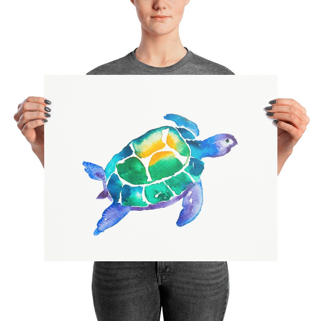 Watercolor Ocean Sea Turtle Painting Poster Tropical Beach Coastal Wall ...