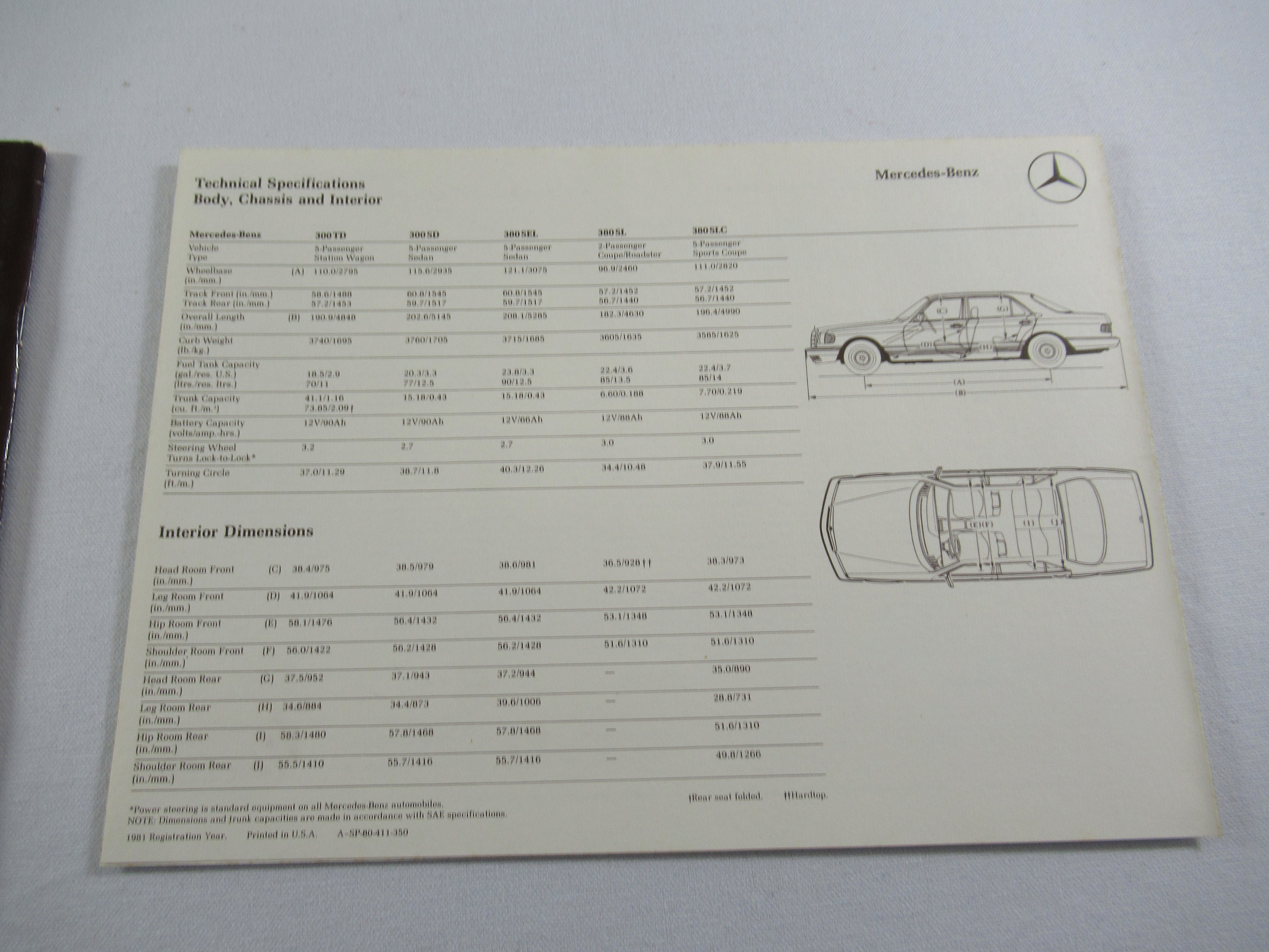1981 Mercedes Benz Full Line Brochure With Spec Sheet, Vintage Car ...