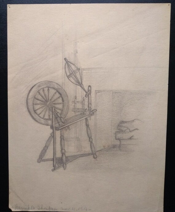 1910s Spinning Wheel Pencil Sketch Drawing Signed Amateur | Etsy