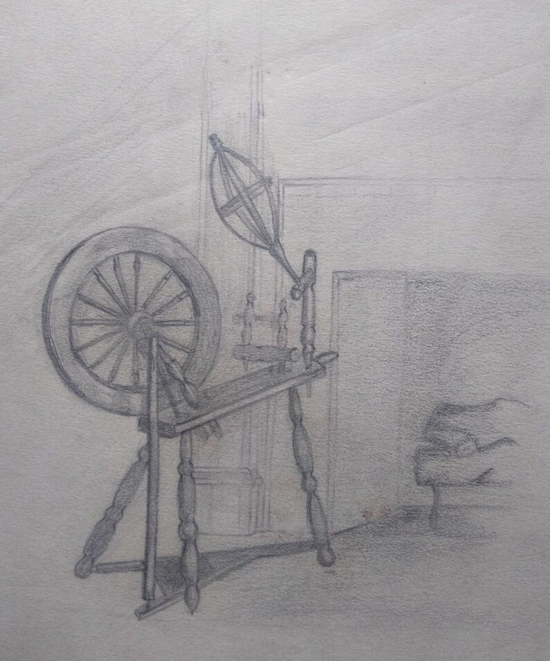 1910s Spinning Wheel Pencil Sketch Drawing, Signed, Amateur Art, 1916 ...