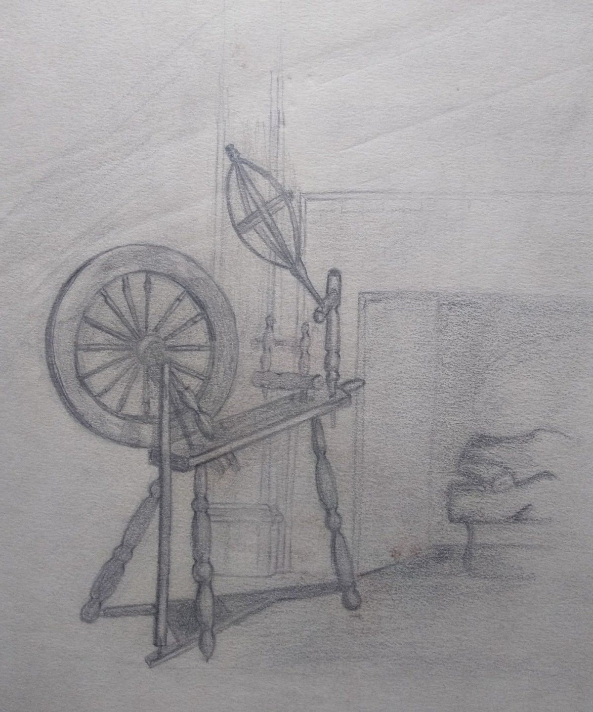 1910s Spinning Wheel Pencil Sketch Drawing, Signed, Amateur Art, 1916 ...