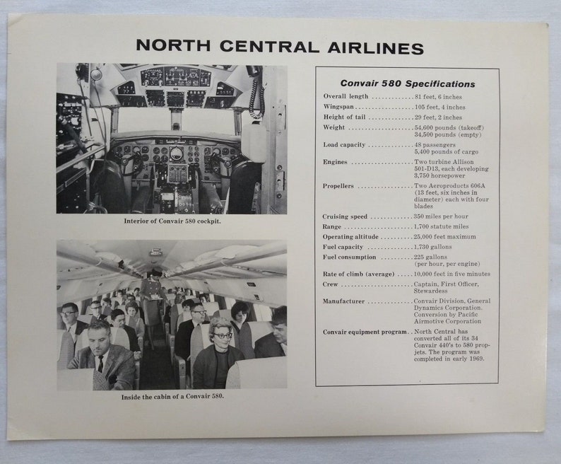 North Central Airlines Convair 580 Prop Jet Airplane Specs Poster ...