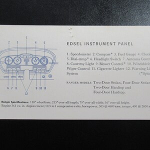 Edsel Ranger Four Door Hardtop Spec Sheet Card, Vintage Car Dealer ...