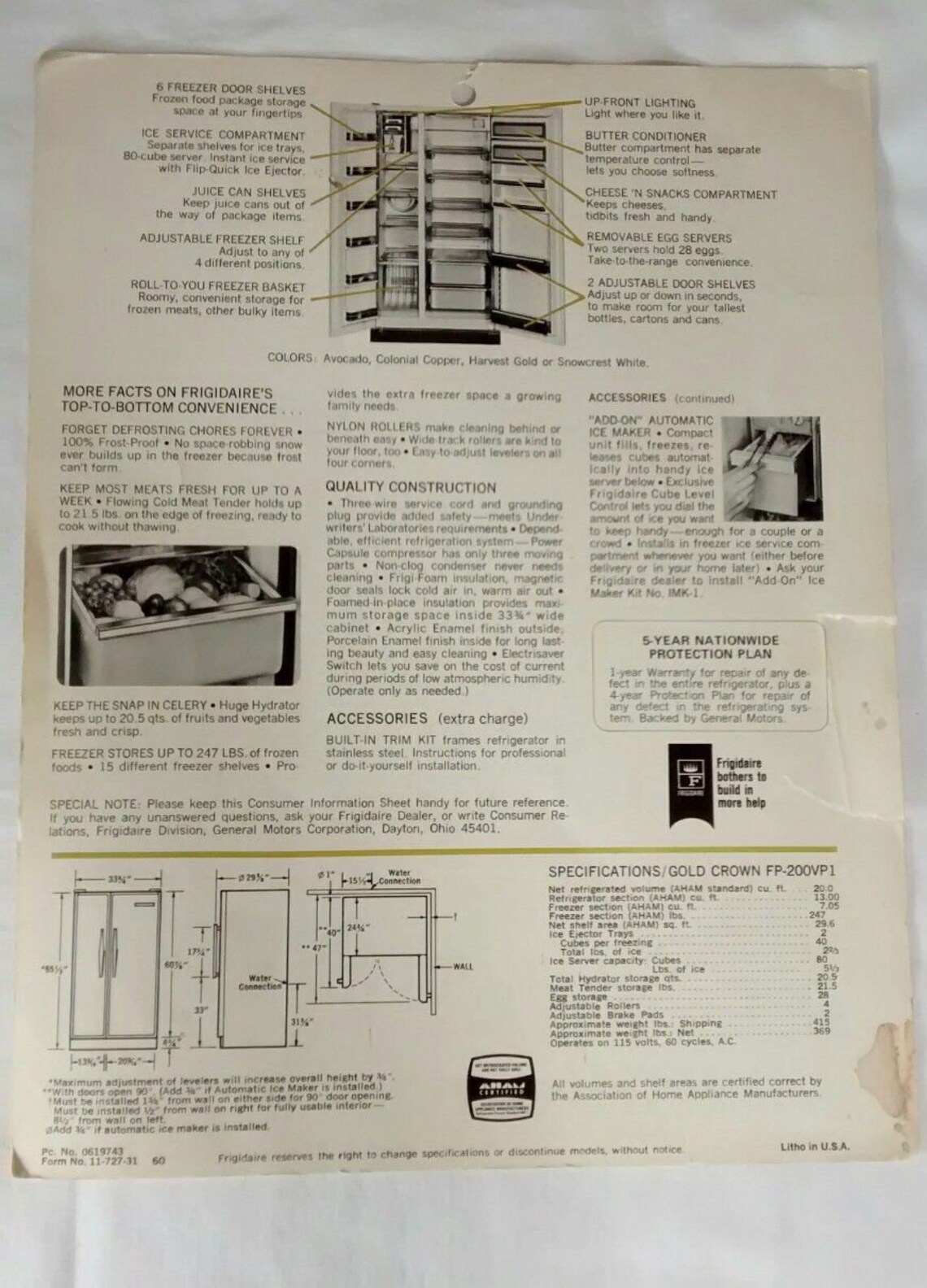 Vintage Frigidaire Gold Crown Refrigerator Model FP-200VP1 - Etsy