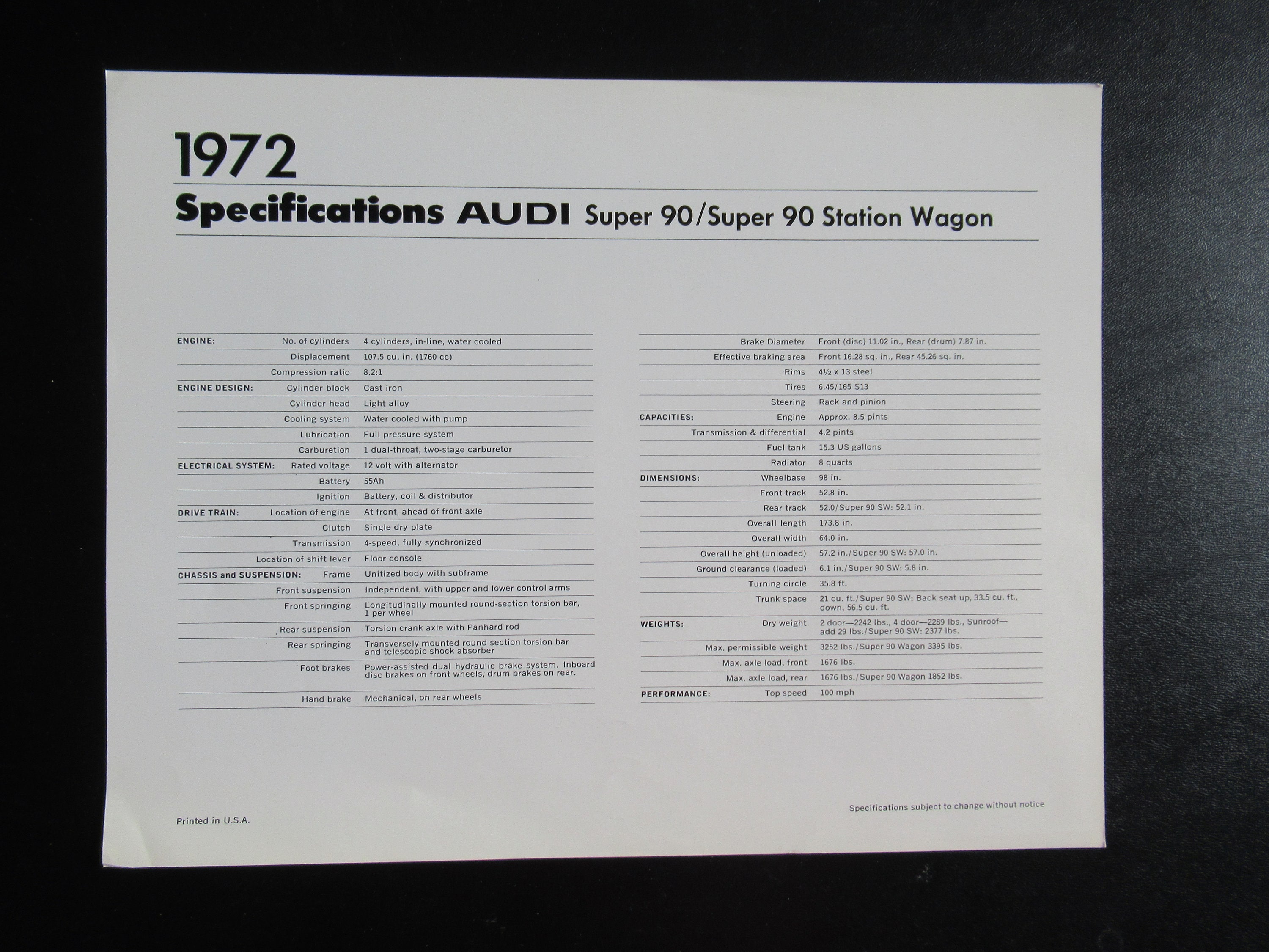 1972 Audi Spec Sheet Super 90 Station Wagon Dealer - Etsy