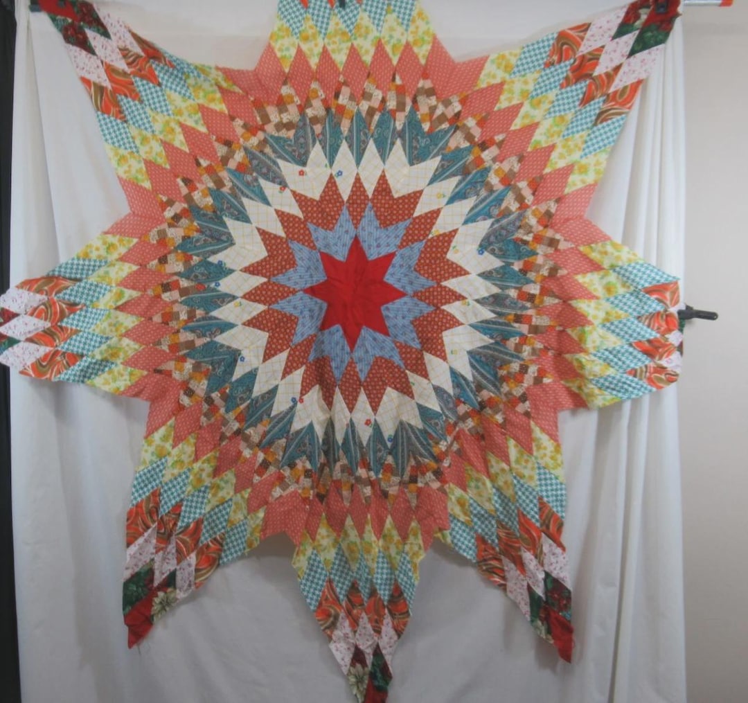 Vintage Unfinished Star Patchwork Quilt Top, 78", Hand Sewn, Handmade ...