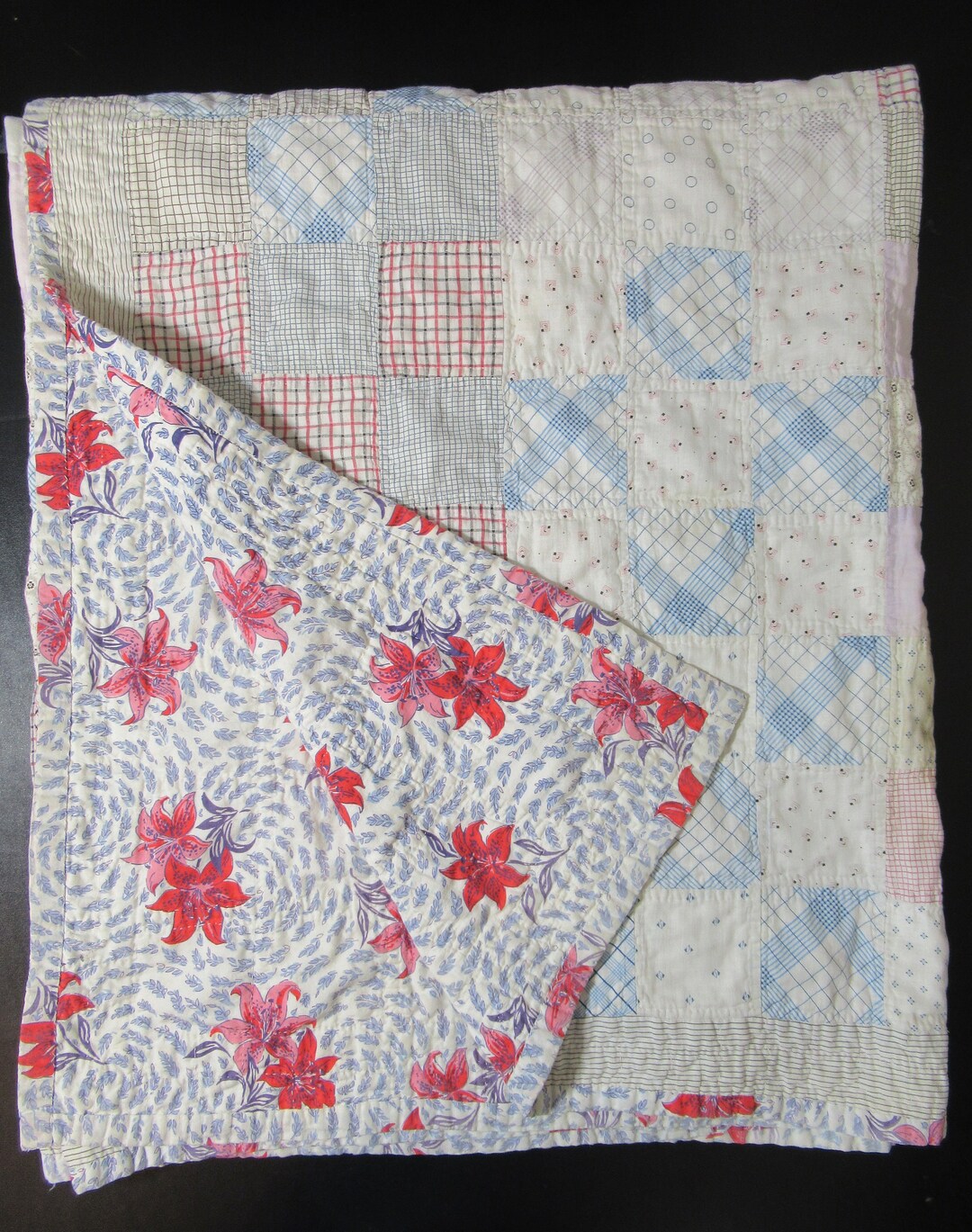 Antique Vintage Hand Stitched Calico Patchwork Quilt, 52x88, Handmade ...