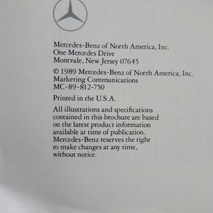 1990 Mercedes Benz Technical Spec Sheet Brochure, Vintage Car Dealer ...