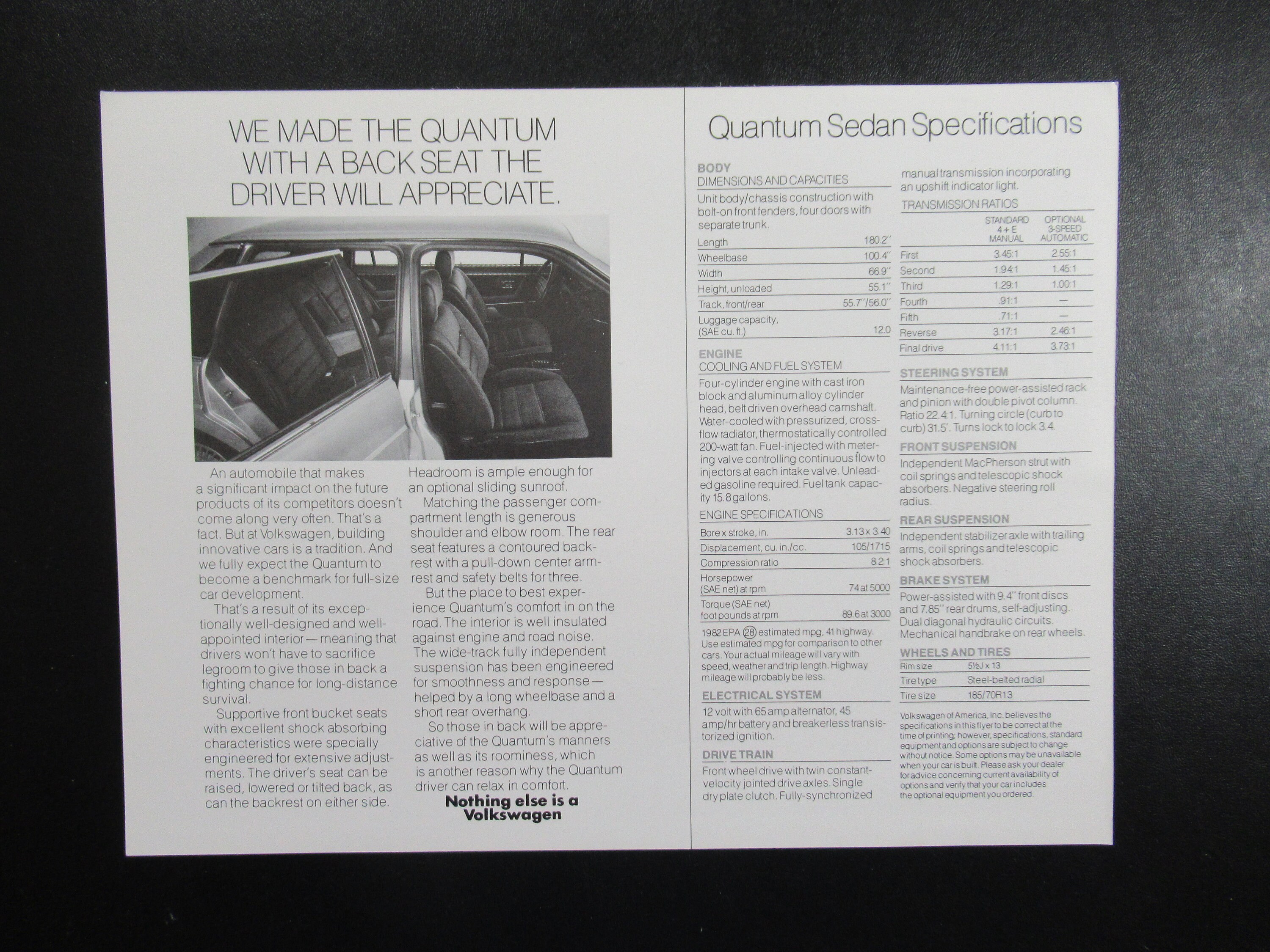 1982 Volkswagen Quantum Sedan Spec Sheet Brochure, Vintage Car Dealer ...