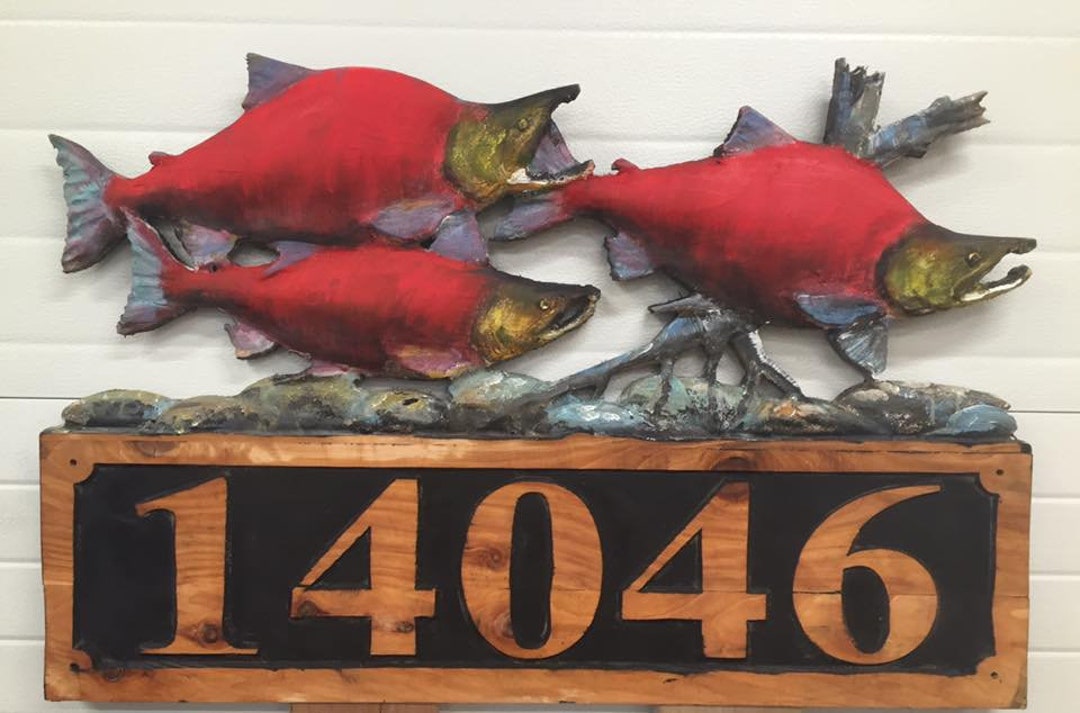 Red Salmon House Sign, Salmon Sign, Carved Salmon Sign, Carved House ...